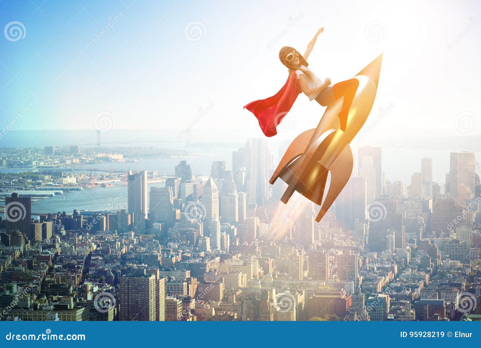 The Little Girl Flying Rocket in Superhero Concept Stock Image - Image ...