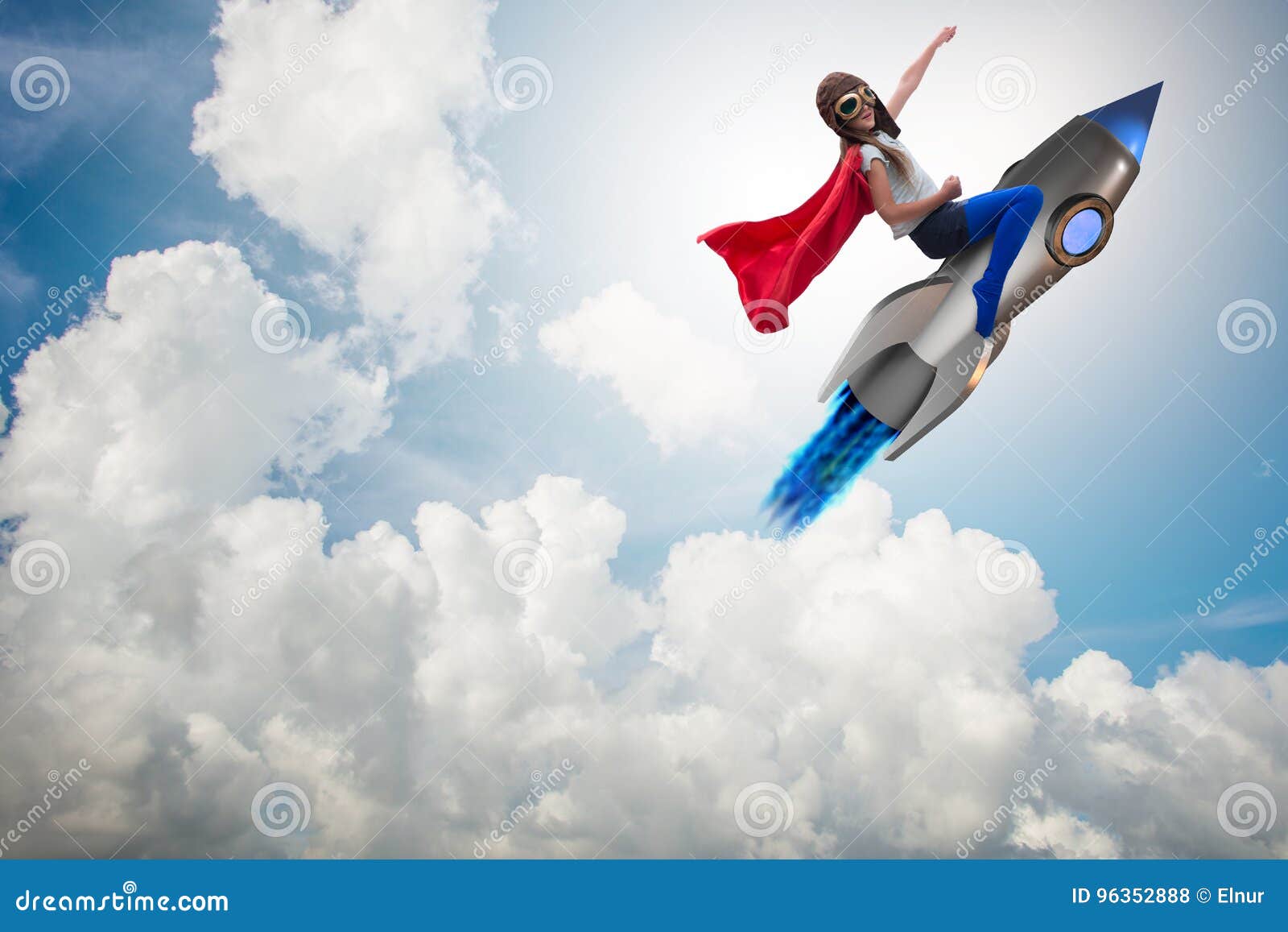 The Little Girl Flying Rocket in Superhero Concept Stock Photo - Image ...