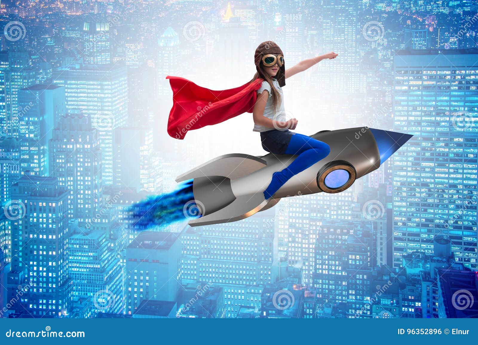 The Little Girl Flying Rocket in Superhero Concept Stock Photo - Image ...