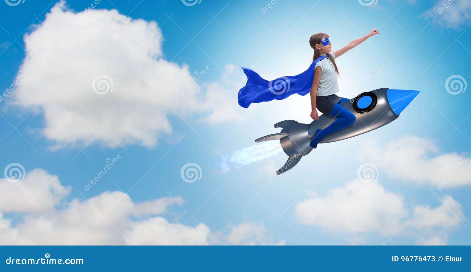 The Little Girl Flying Rocket in Superhero Concept Stock Image - Image ...