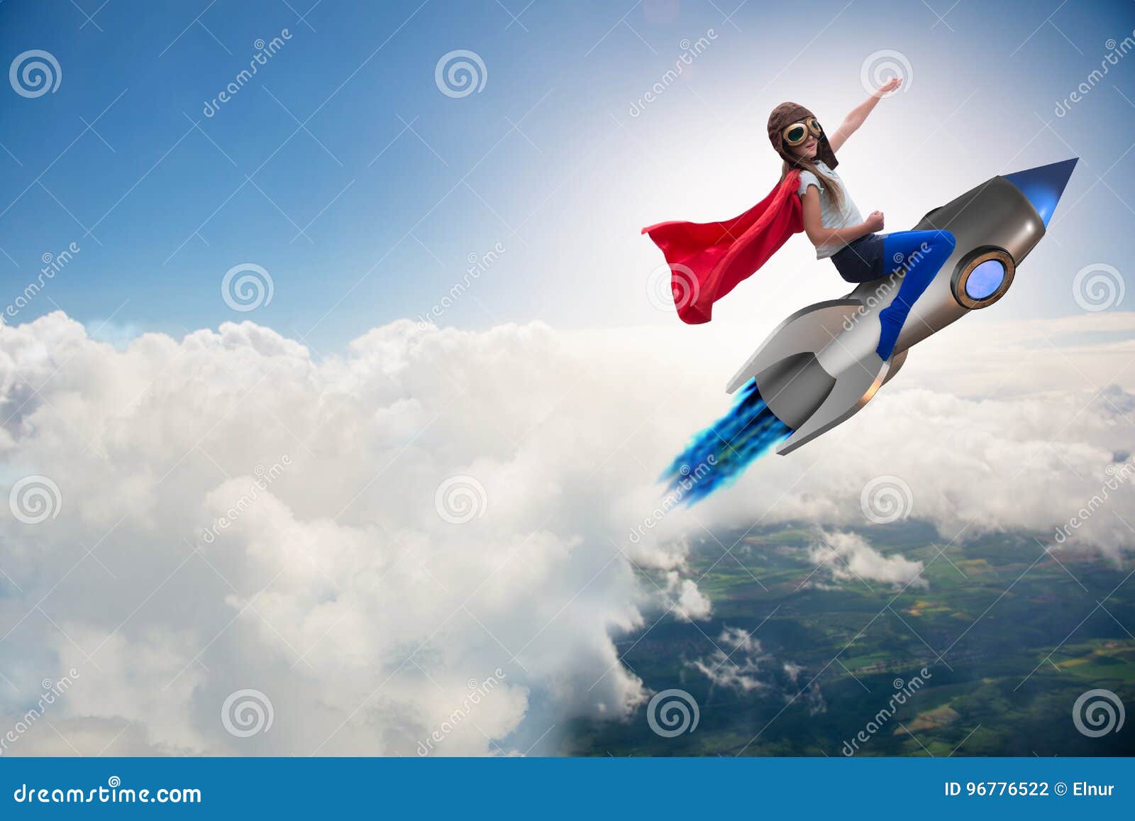 The Little Girl Flying Rocket in Superhero Concept Stock Photo - Image ...
