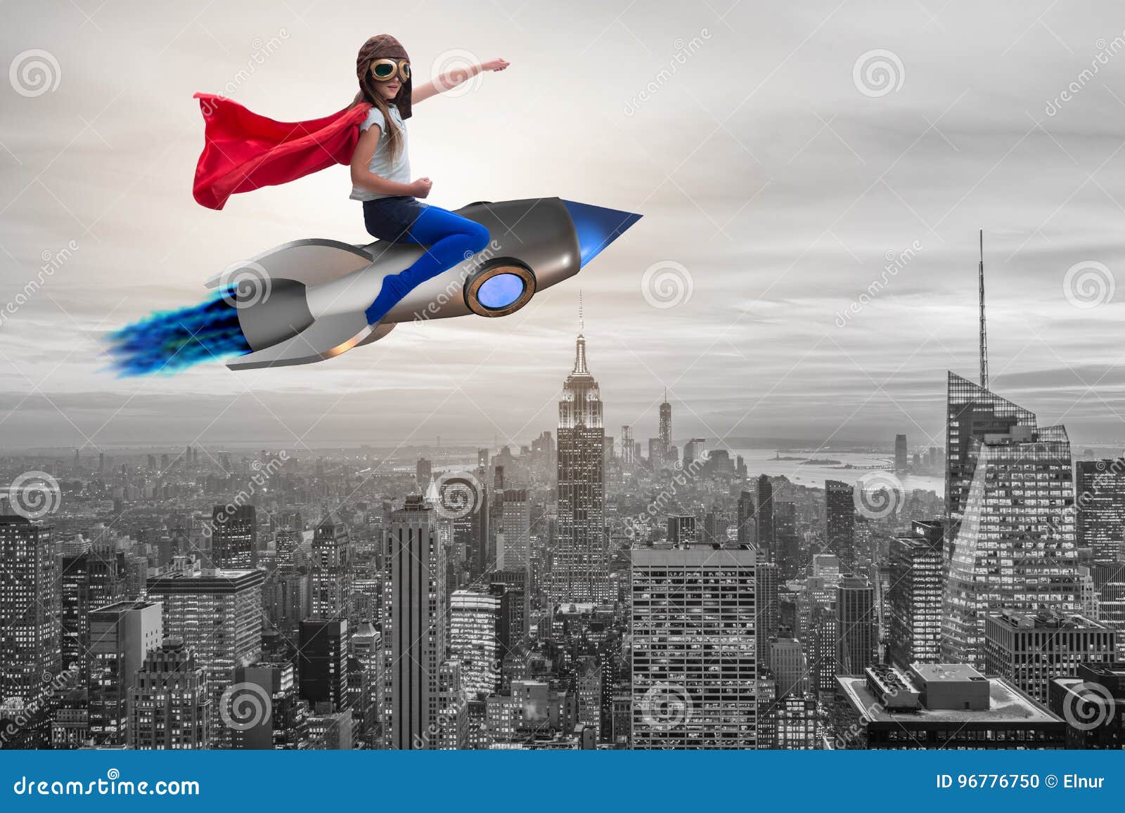 The Little Girl Flying Rocket in Superhero Concept Stock Photo - Image ...