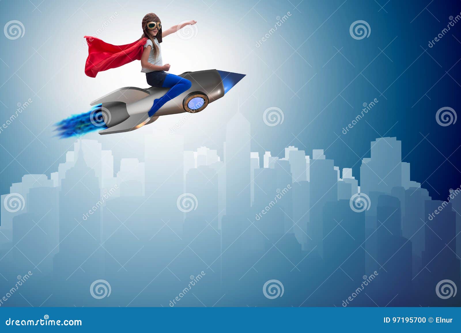 The Little Girl Flying Rocket in Superhero Concept Stock Photo - Image ...