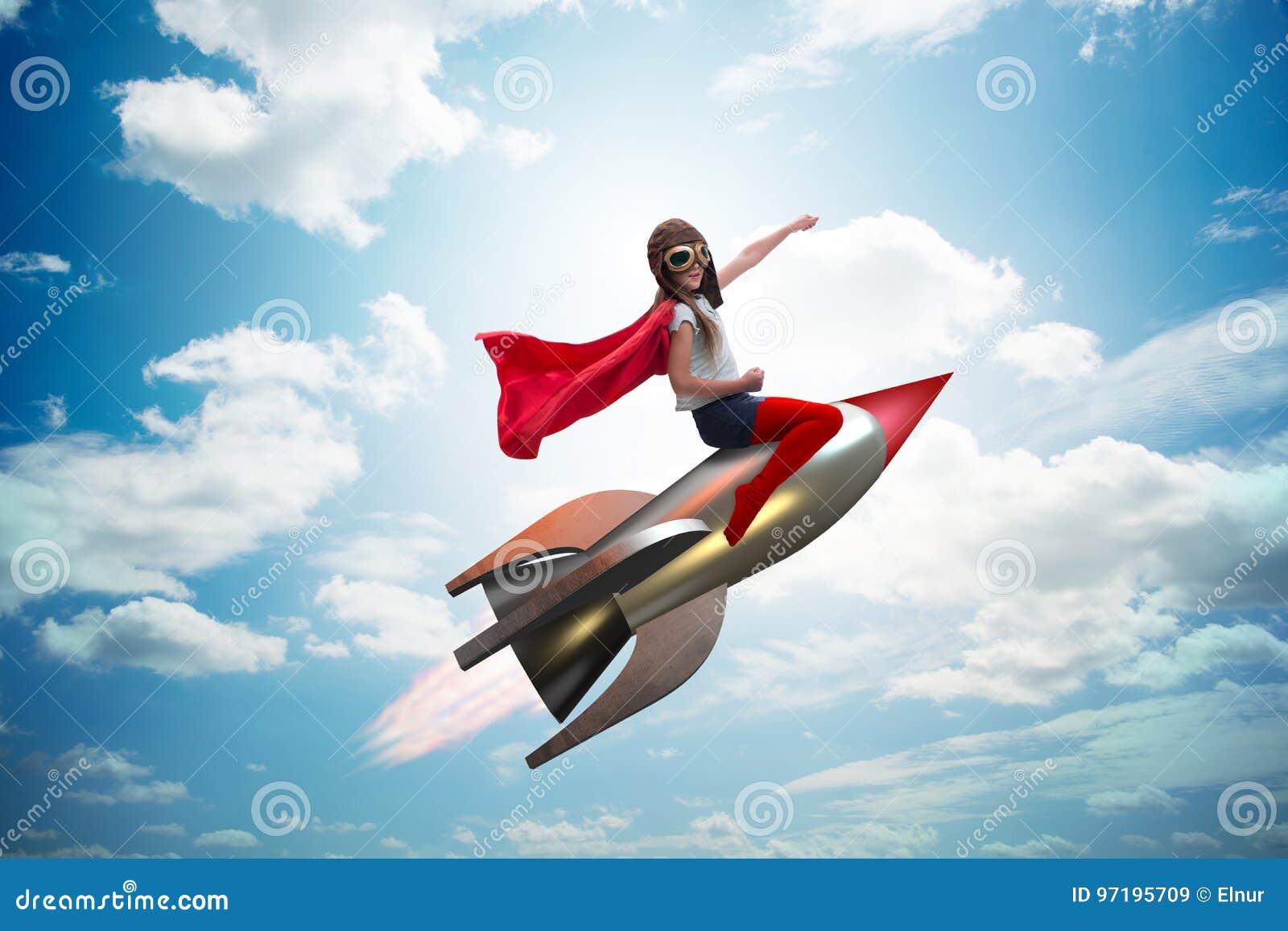 The Little Girl Flying Rocket in Superhero Concept Stock Image - Image ...