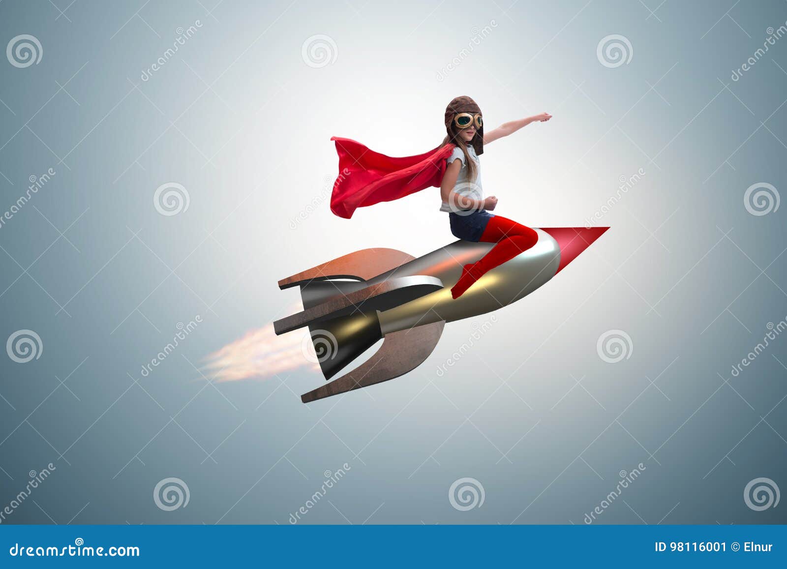The Little Girl Flying Rocket in Superhero Concept Stock Illustration ...