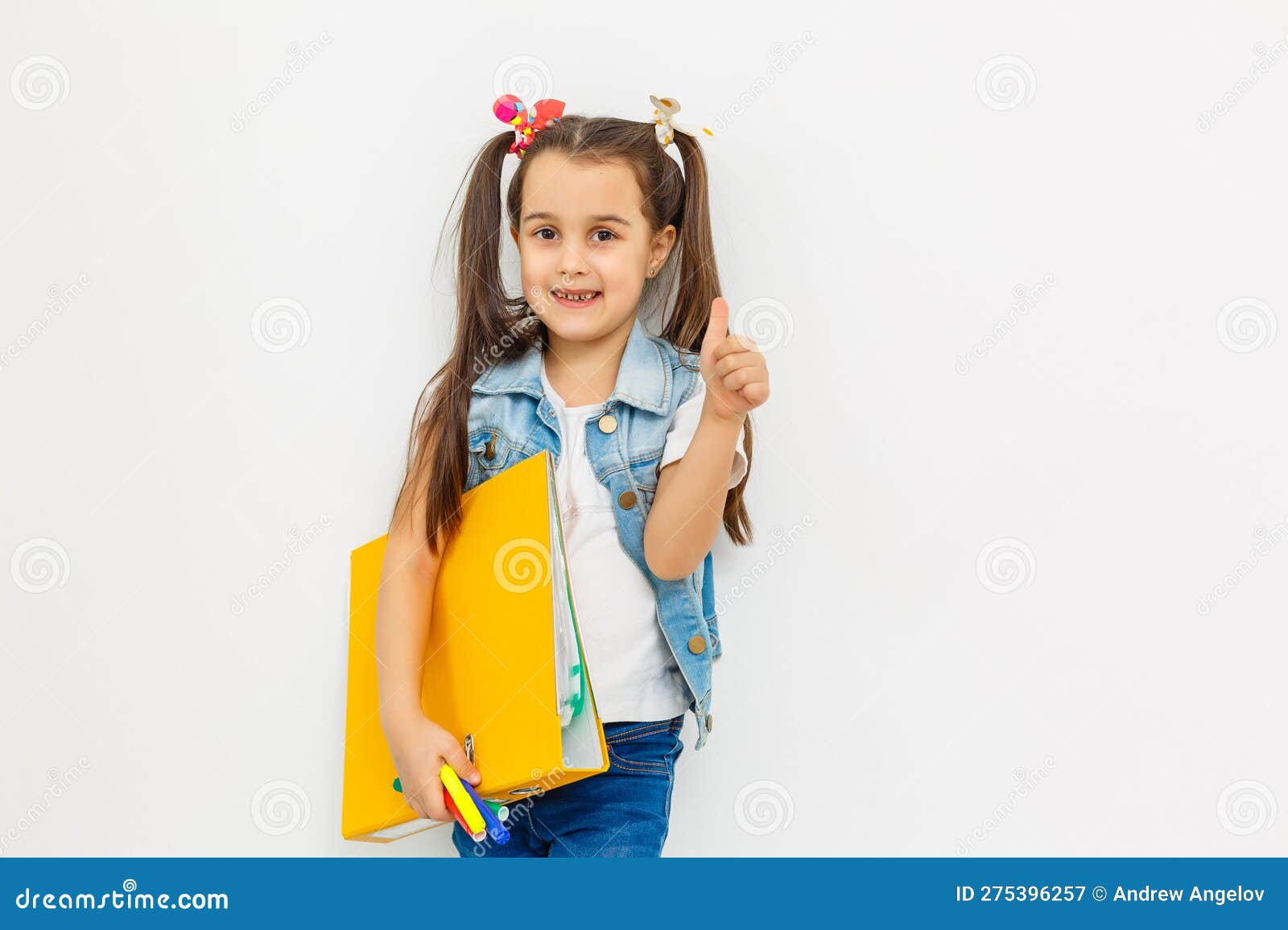 A Little Girl with a Folder and Pens Stock Image - Image of background ...