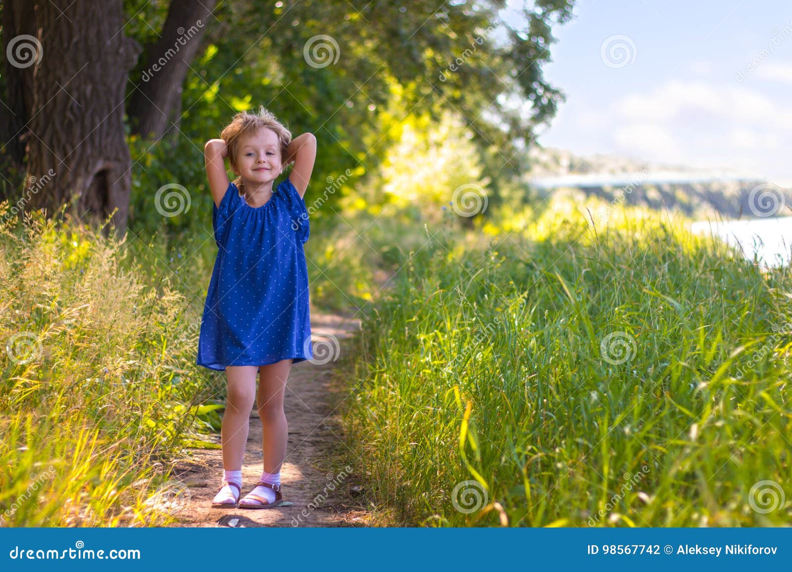 Little Girl Goes on Summer Forest Path Stock Photo - Image of outdoor ...