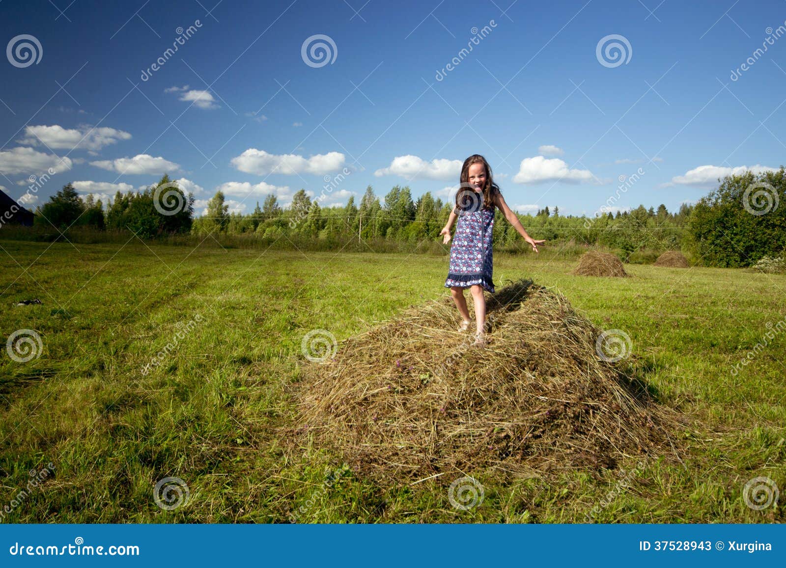 Little Girl on a Haystack in the Village Stock Image - Image of ...