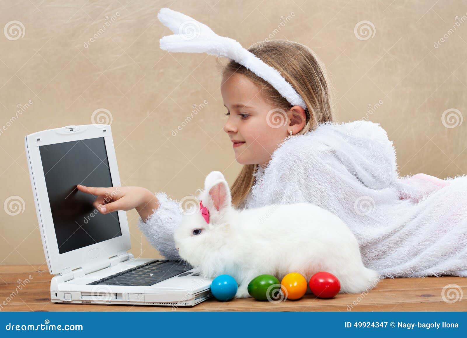 Little Girl with Her Bunny Using Computer Together Stock Image - Image ...