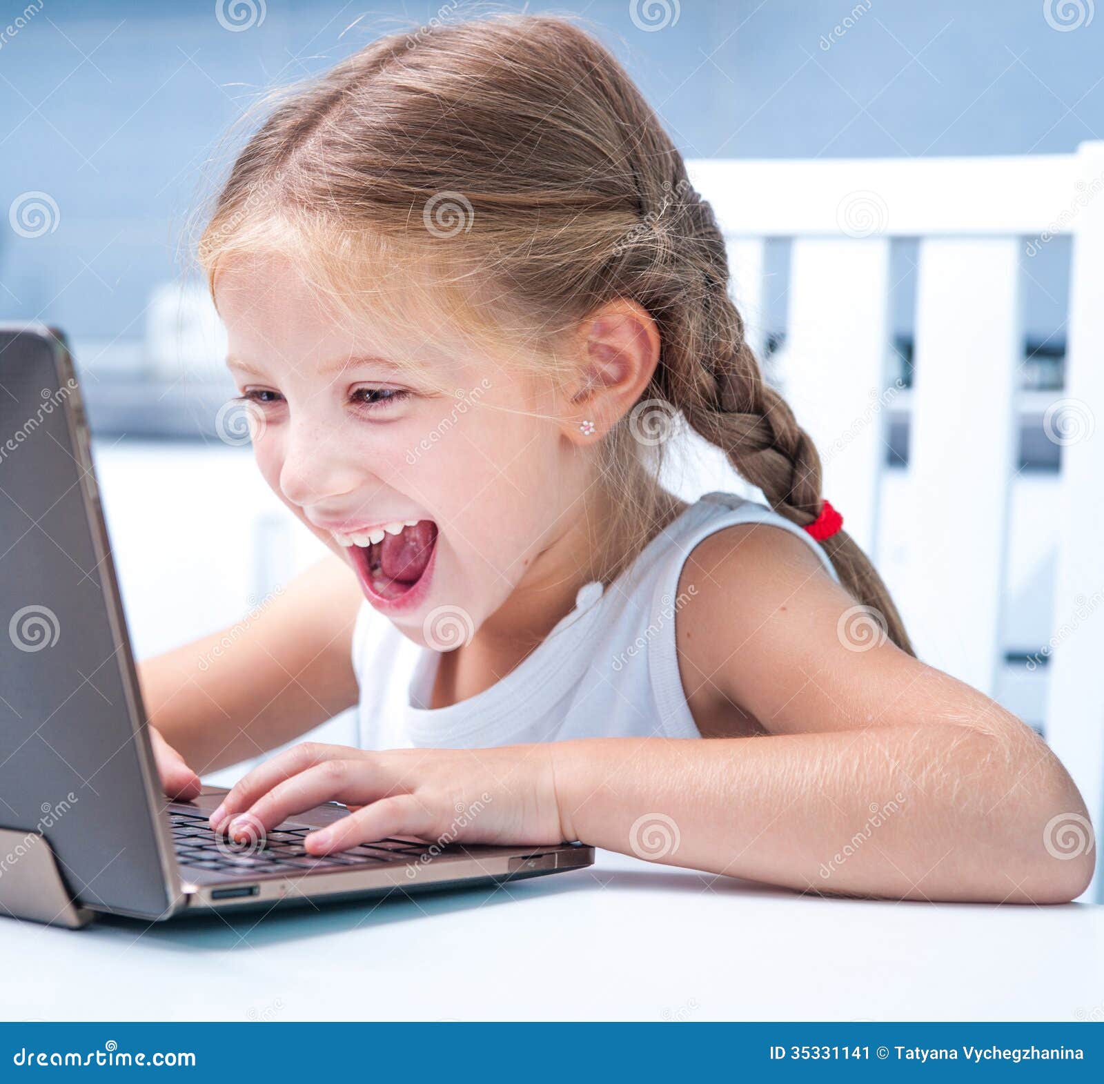 Little Girl with Her Computer Stock Image - Image of person, knowledge ...