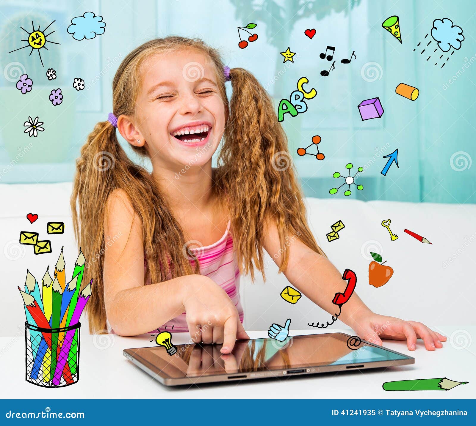 Little girl and her tablet stock image. Image of elementary - 41241935