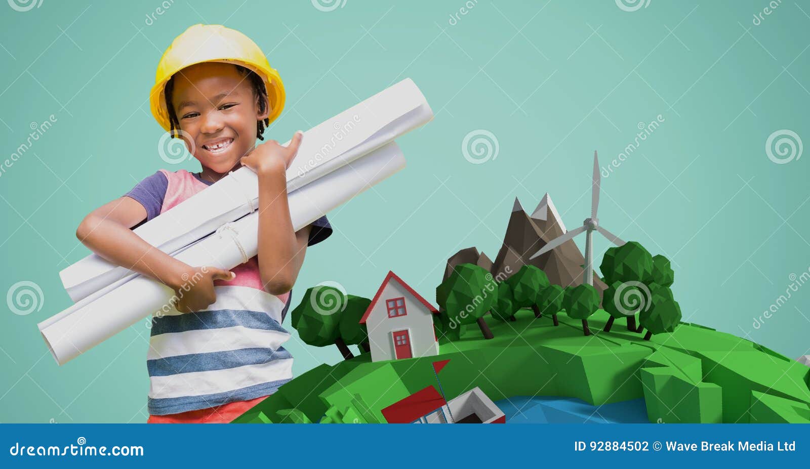 Little Girl Holding Blueprints by Low Poly Earth Stock Photo - Image of ...