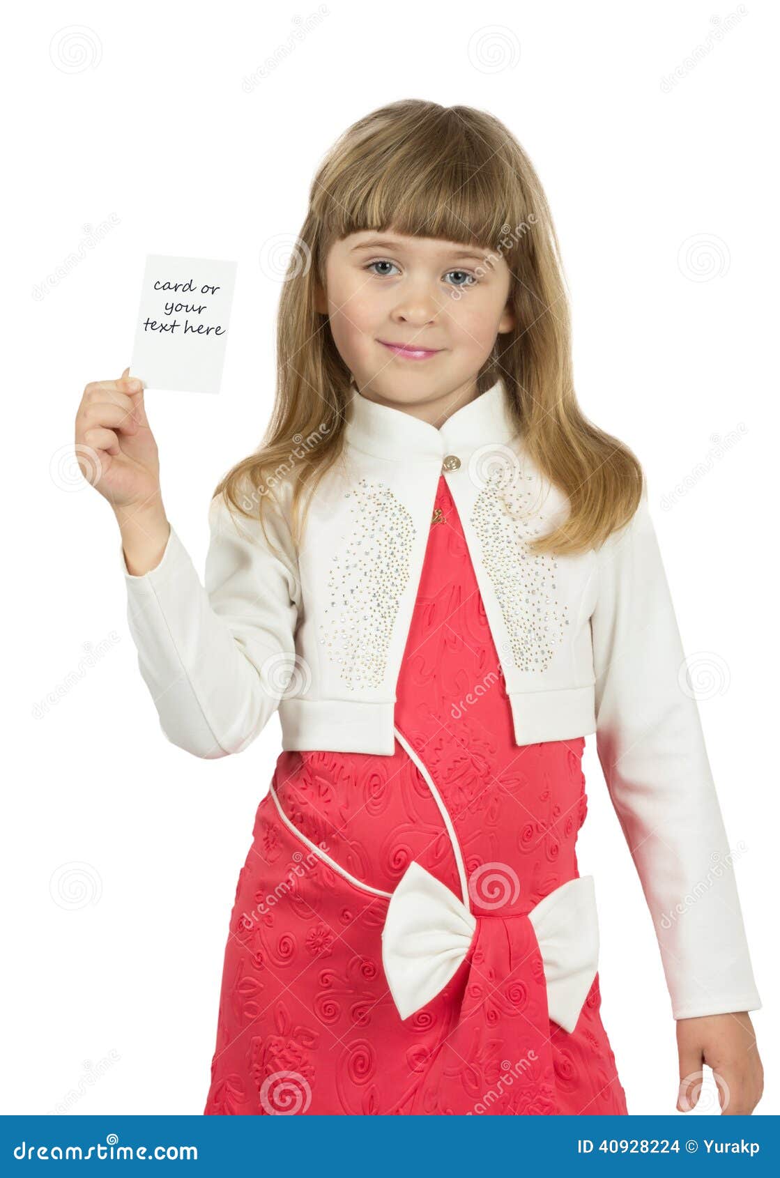 Little Girl Is Holding A Card On The White Background Stock Photo ...