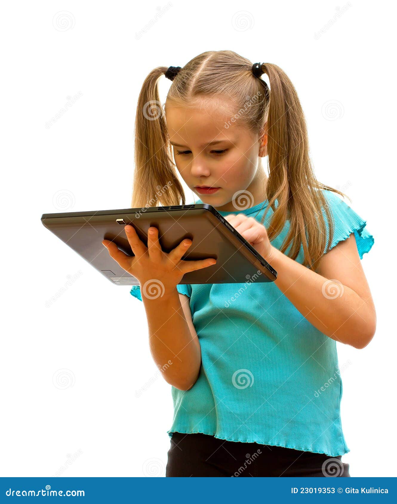 Little Girl Holding Tablet PC. Stock Image - Image of ideas, expression ...