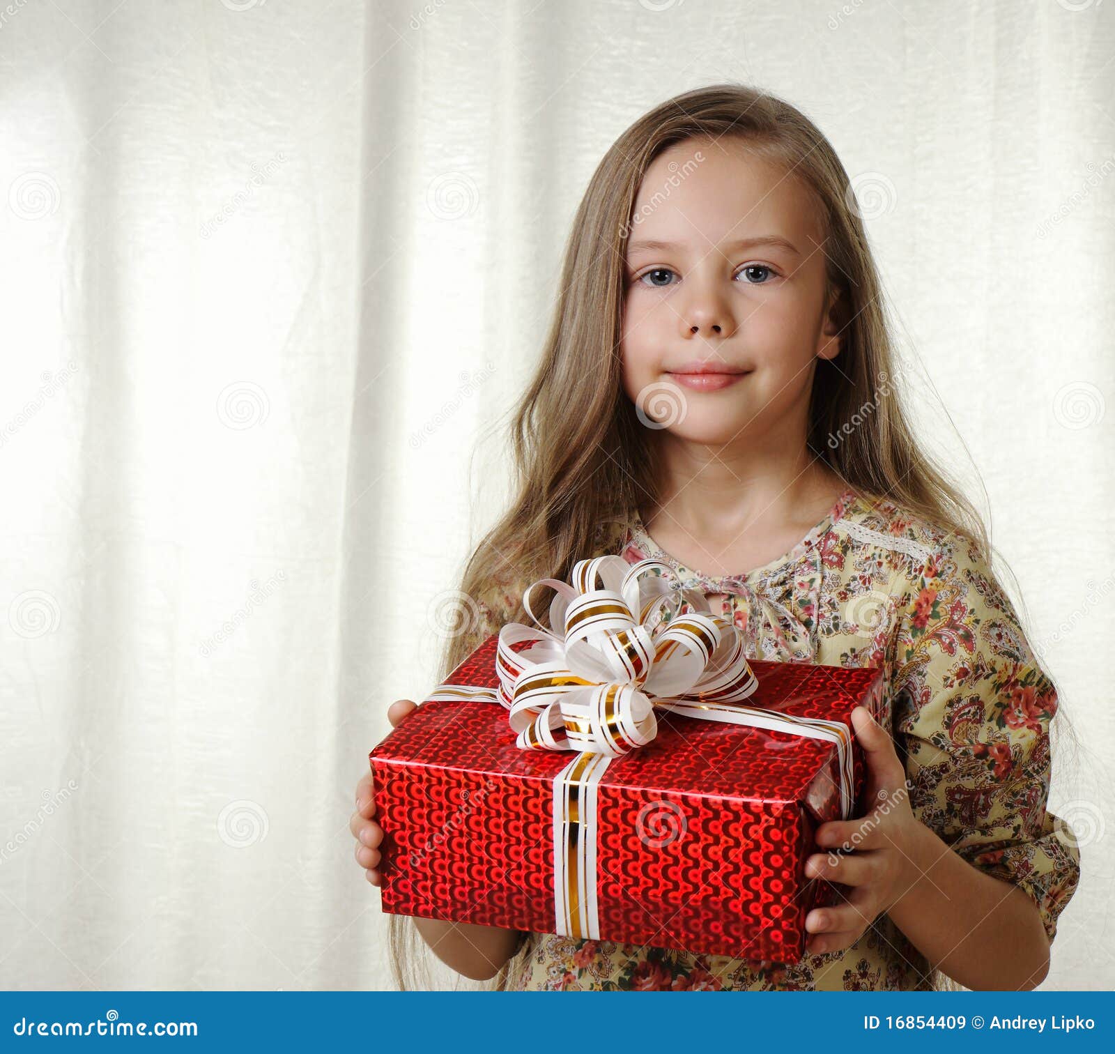 Little Girl Holds a Red Box with a Gift Stock Image - Image of ...