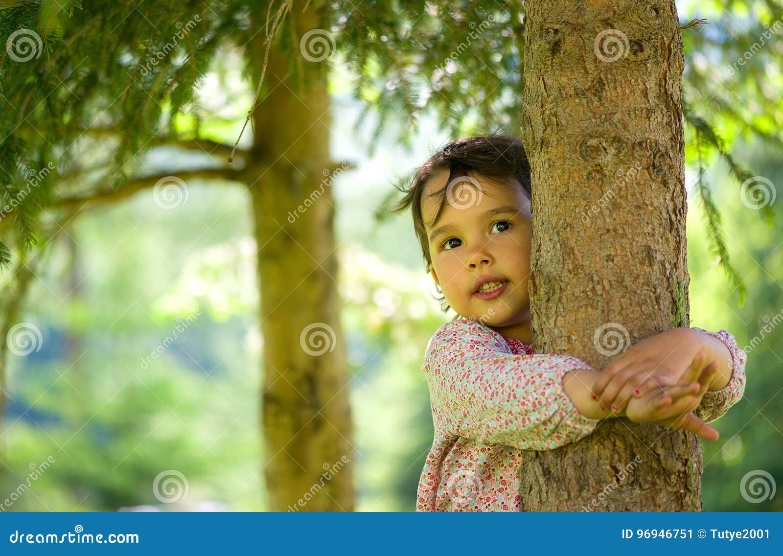 Little Girl Hugging the Tree Stock Image - Image of people, park: 96946751