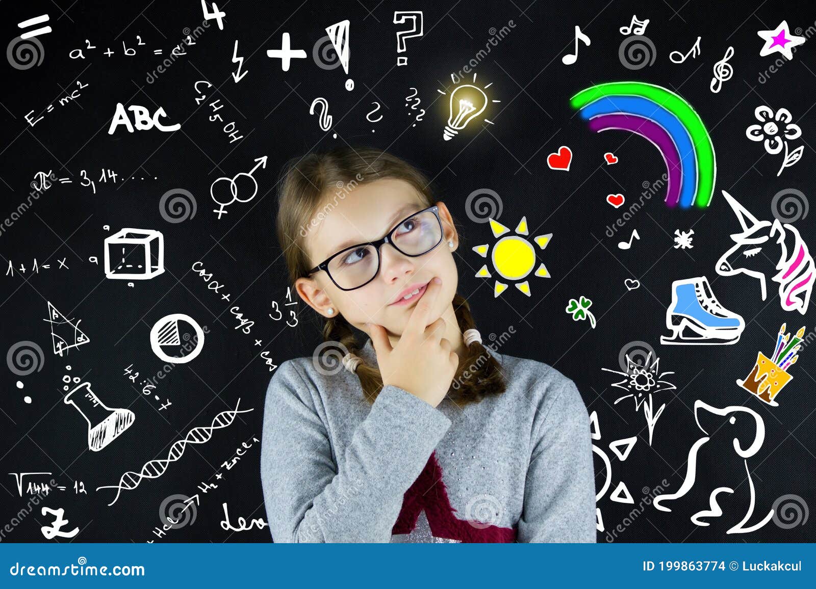 The Little Girl Just Got an Idea. Concept about Thinking and Brain ...