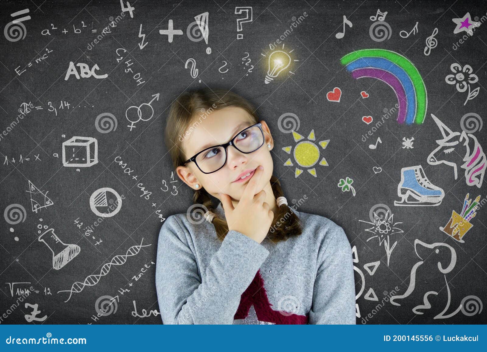 The Little Girl Just Got an Idea. Concept about Thinking and Brain ...