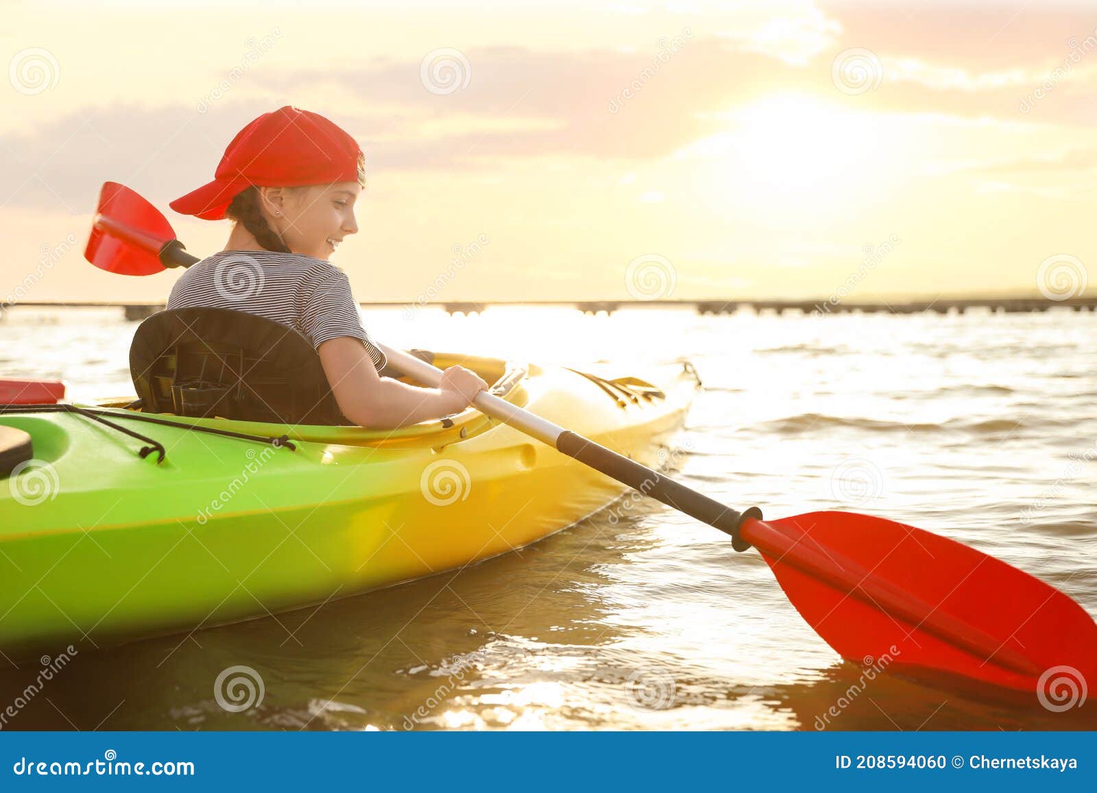 Little Girl Kayaking on River, Back View. Summer Camp Activity Stock ...