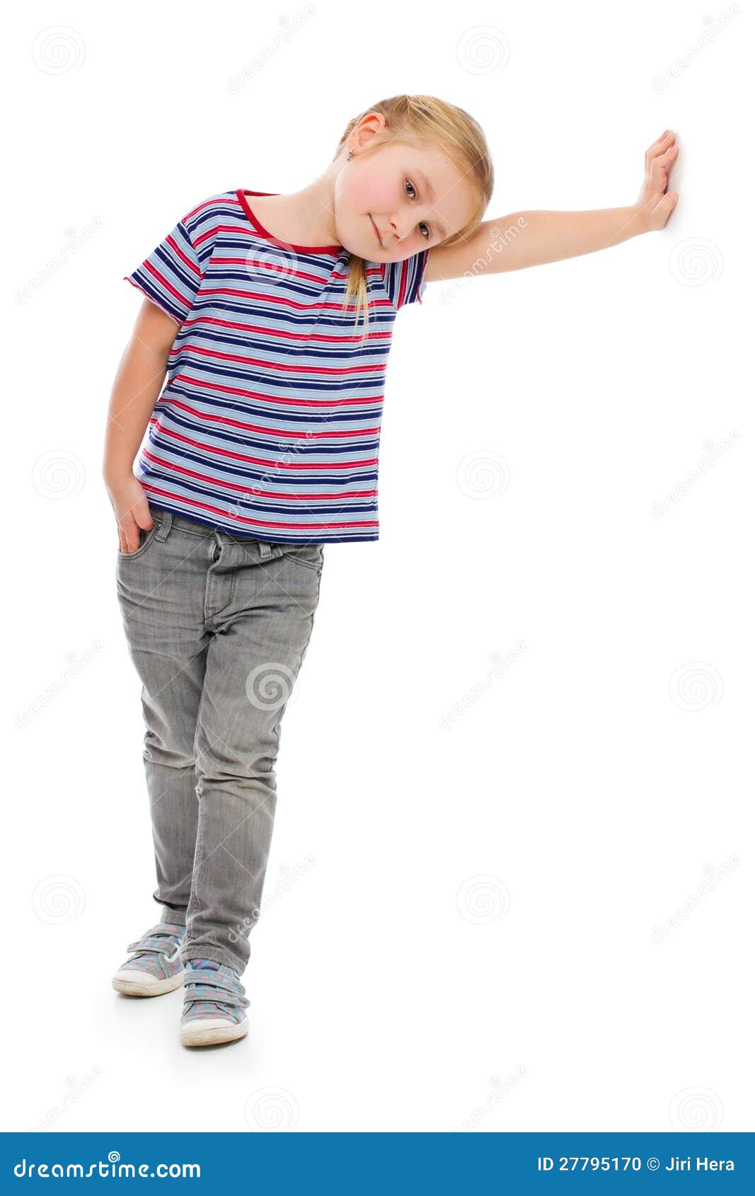 Little Girl Leaning Against a White Wall. Stock Photo - Image of lean ...