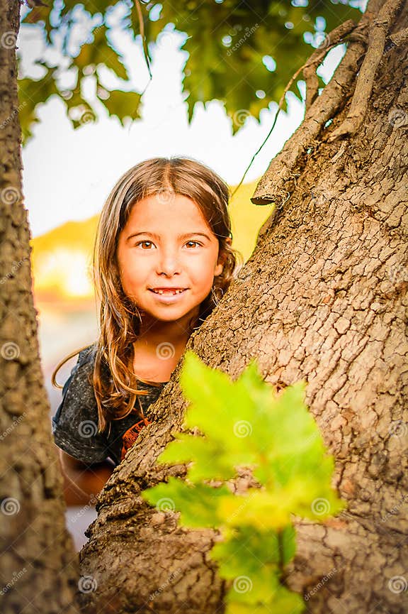 Little Girl Looking from Behind the Tree Stock Photo - Image of ...