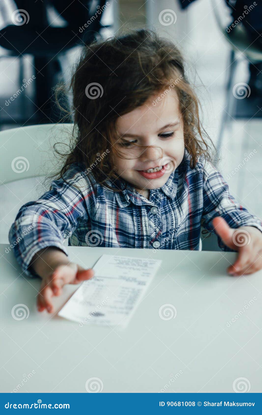 Little Girl Looking on Check in Restaurant. Stock Photo - Image of ...
