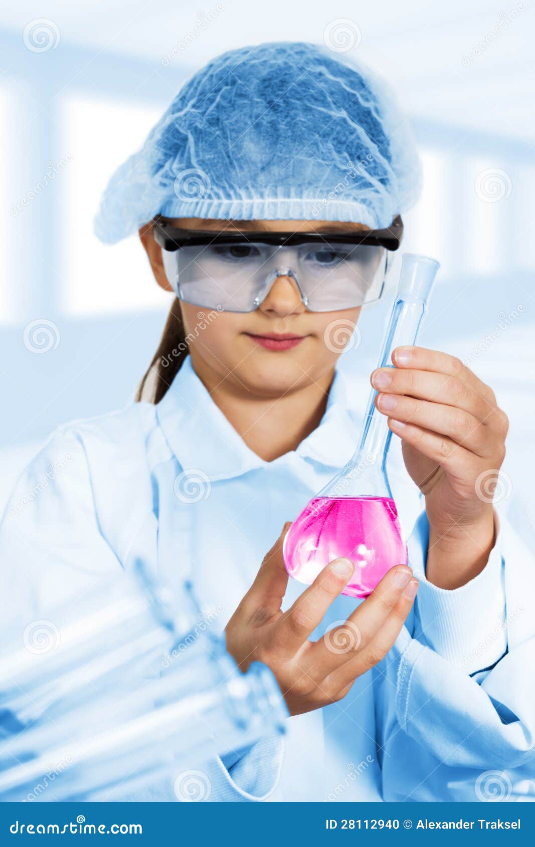 Little Girl Looking into a Flask of Red Liquid Stock Photo - Image of ...