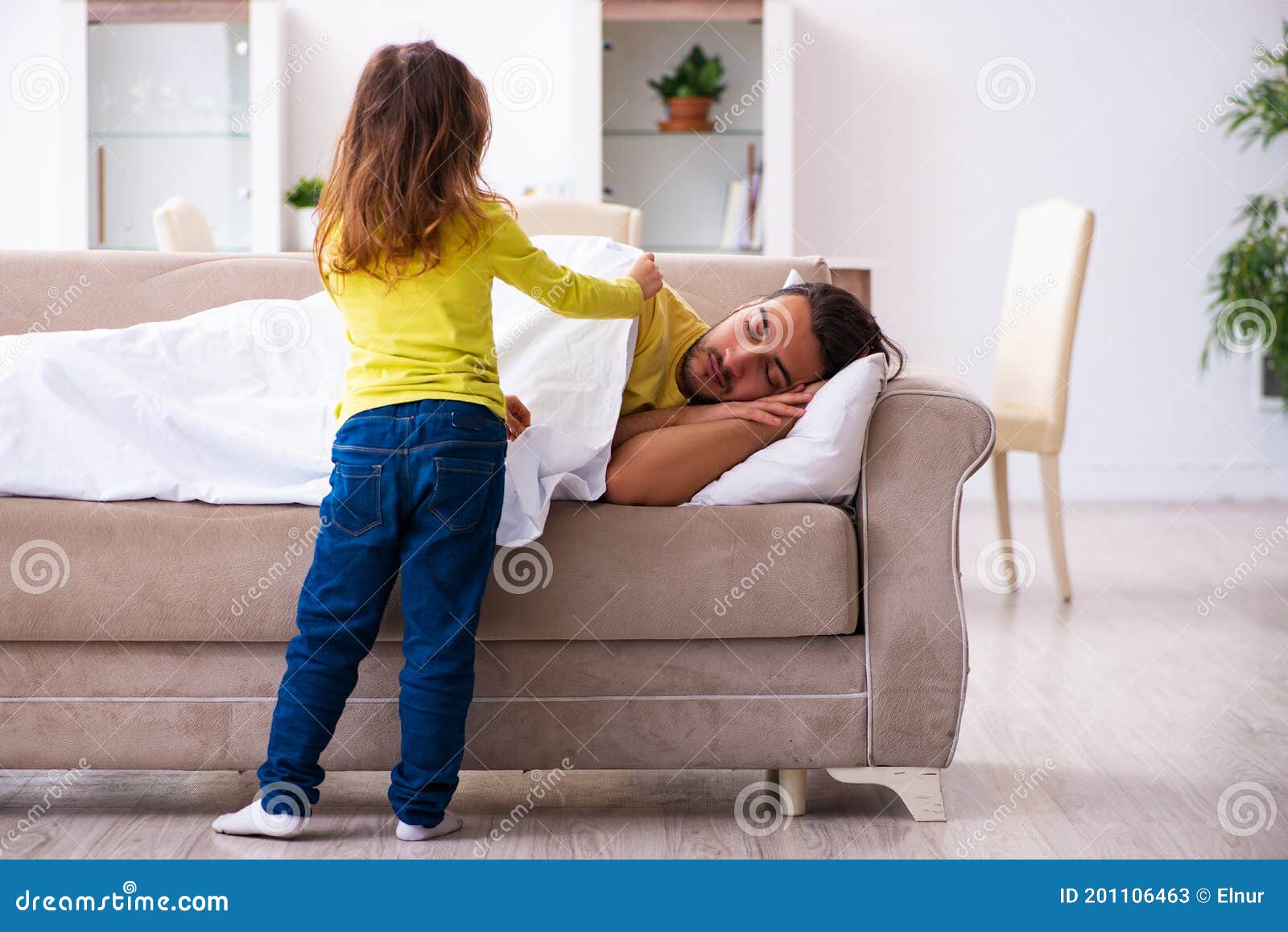 Small Girl Looking after Her Sick Father Stock Image - Image of caring ...