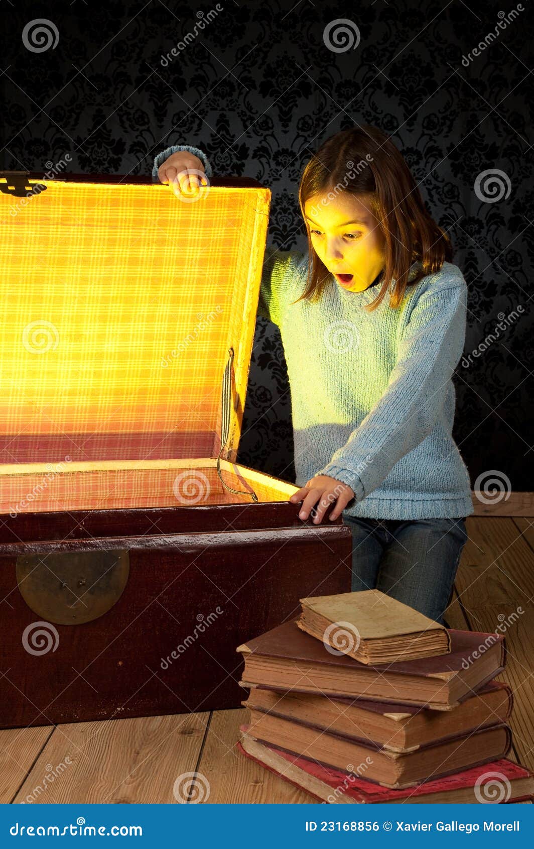 Little Girl Looking Inside a Trunk Stock Photo - Image of gold ...