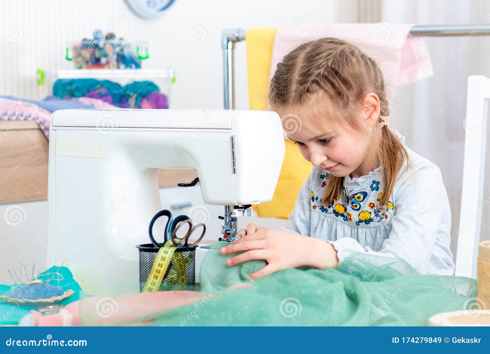 Little Girl Making Crafts at Sewing Machine Stock Image - Image of ...