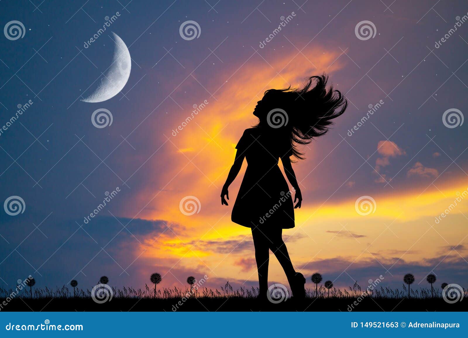 Little Girl in the Moonlight at Sunset Stock Illustration ...