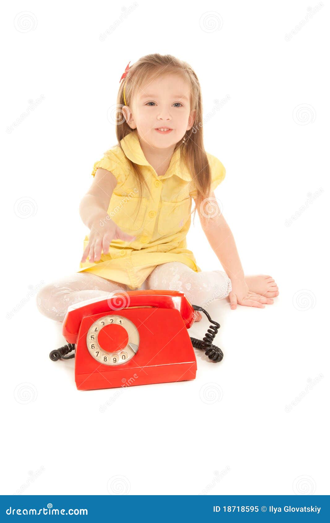 Little Girl with Old Red Phone Stock Image - Image of dress, girl: 18718595