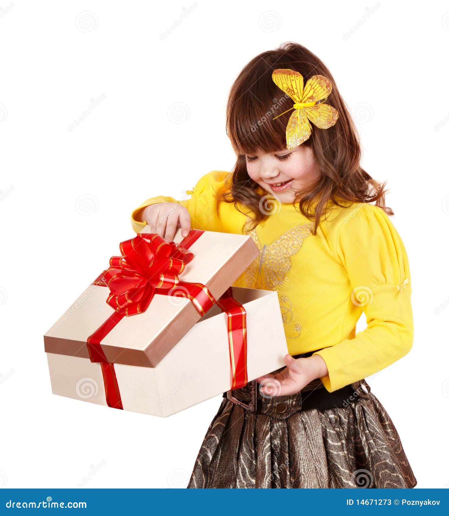 Little girl open gift box. stock image. Image of butterfly - 14671273