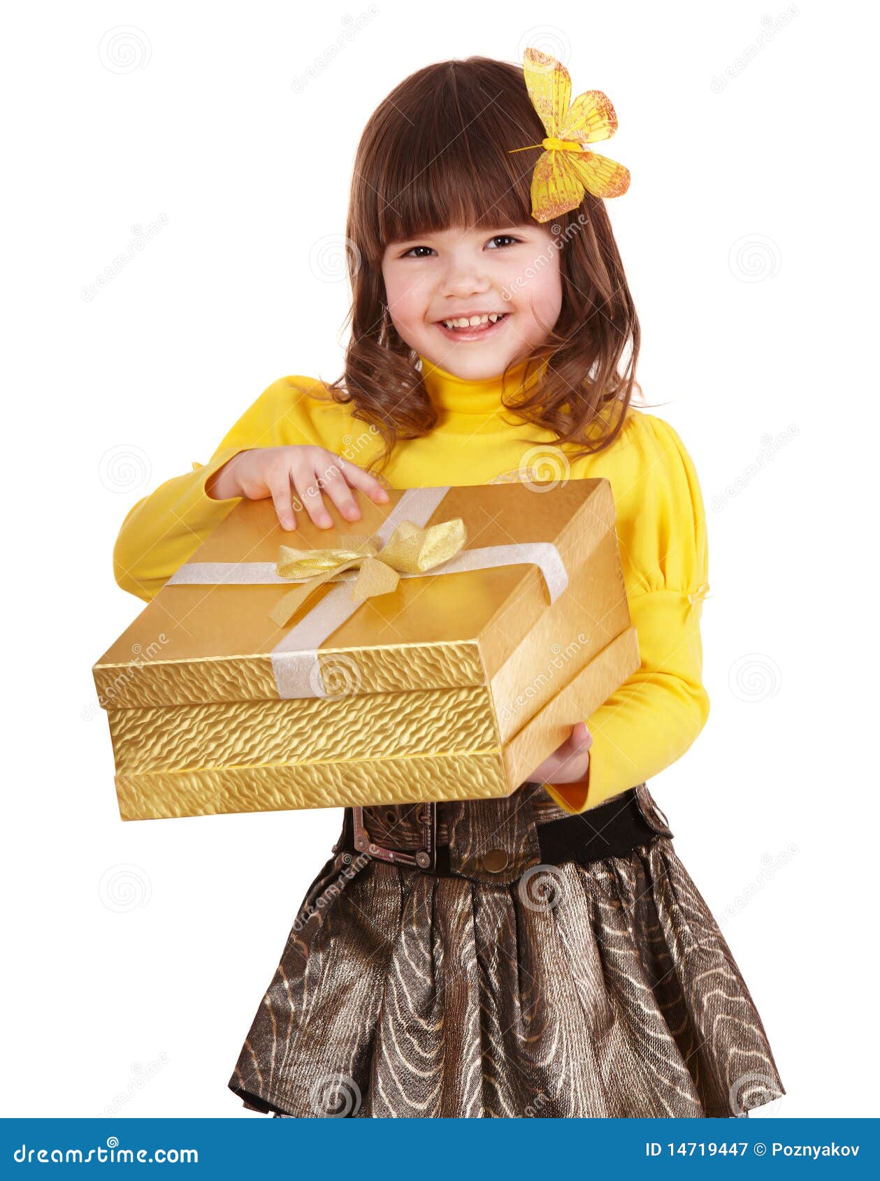 Little girl open gift box. stock image. Image of yellow - 14719447