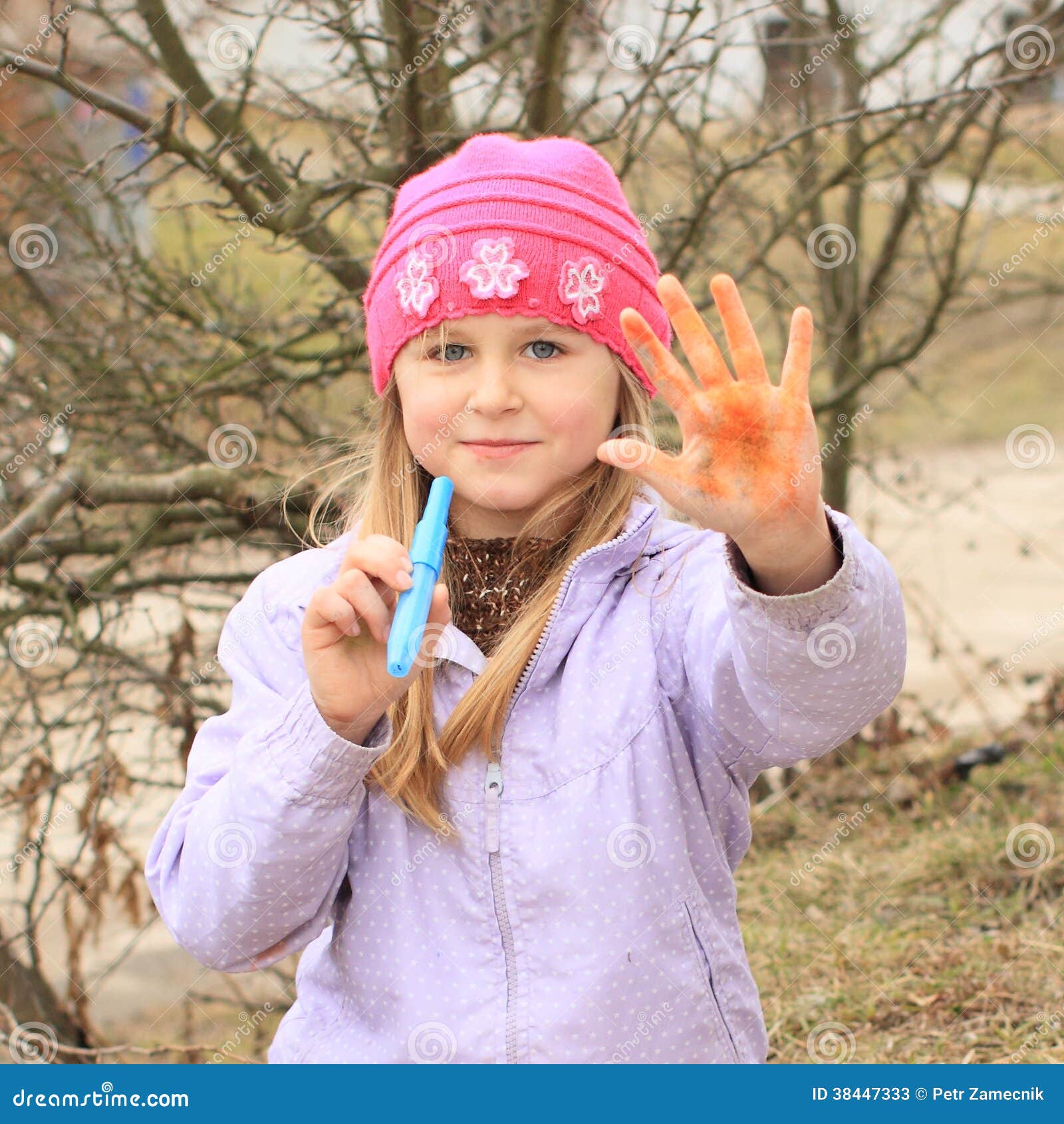 Little Girl with Painted Hand Stock Image - Image of colored, pink ...