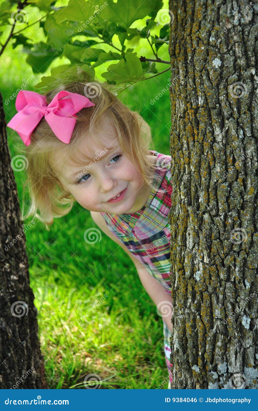 Little Girl Peaking Around Tree Stock Photo - Image of sunny, spring ...