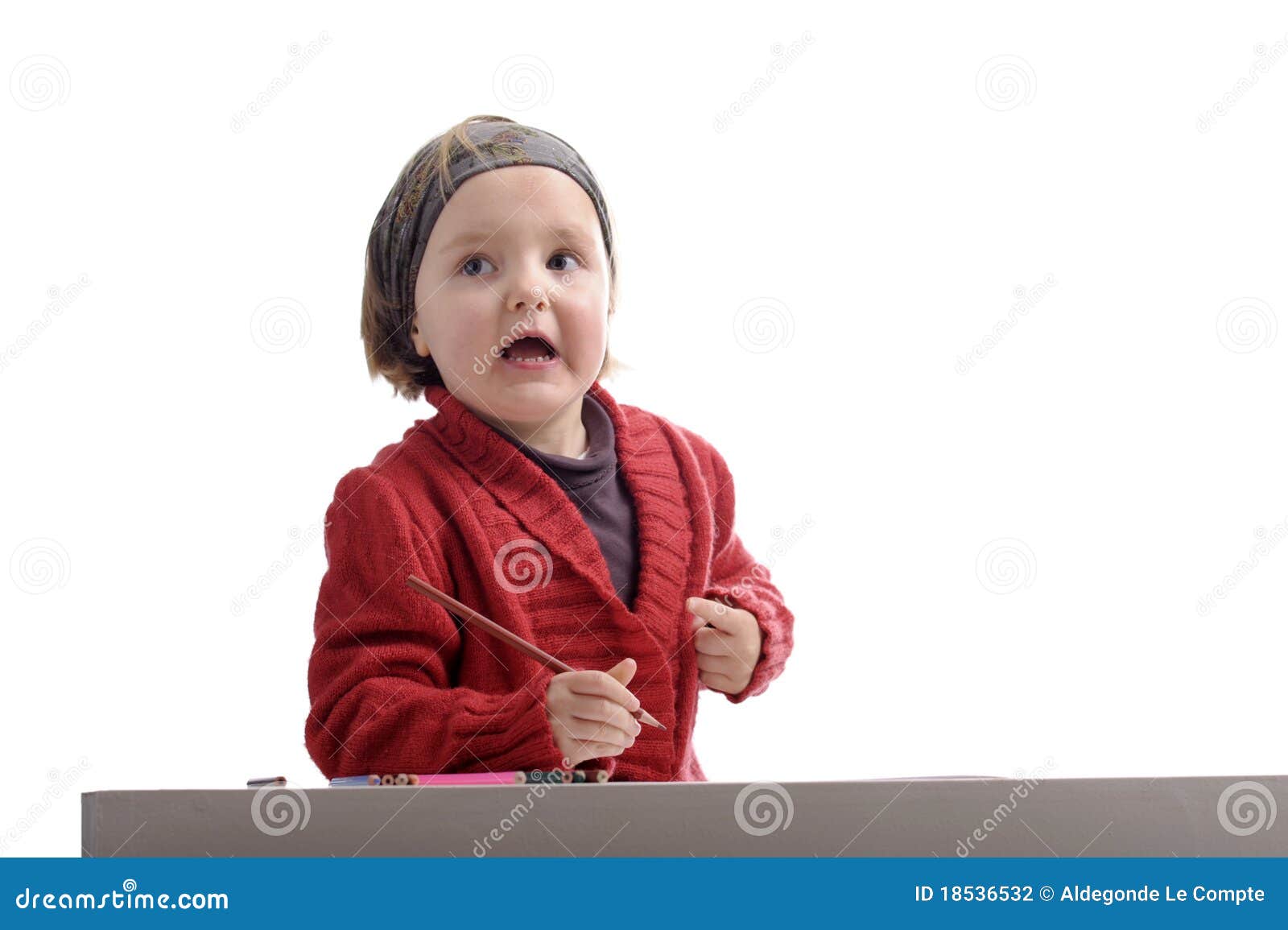 Little Girl with Pencils Explaining Her Drawing Stock Photo - Image of ...