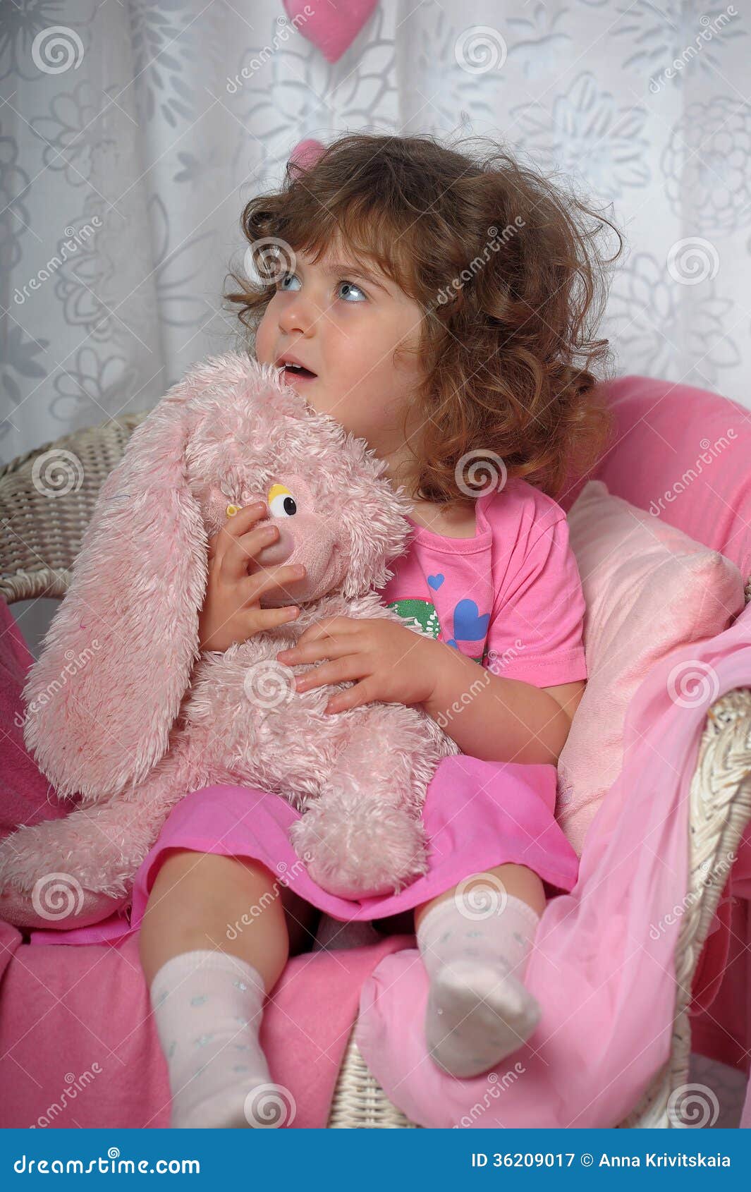 Little Girl with a Pink Rabbit Stock Image - Image of girls, indoor ...