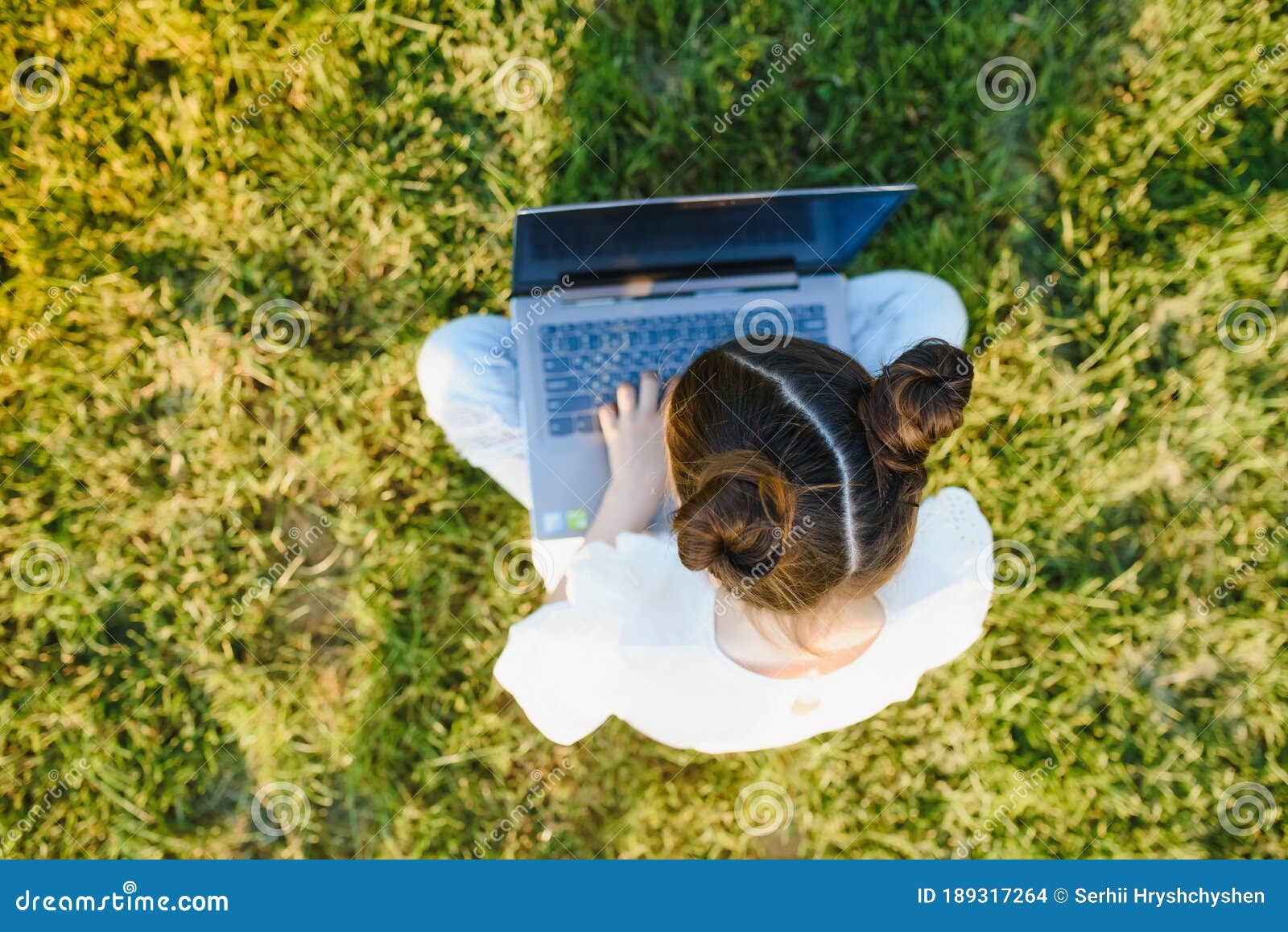 Little Girl Play Computer on Green Grass Stock Photo - Image of ...