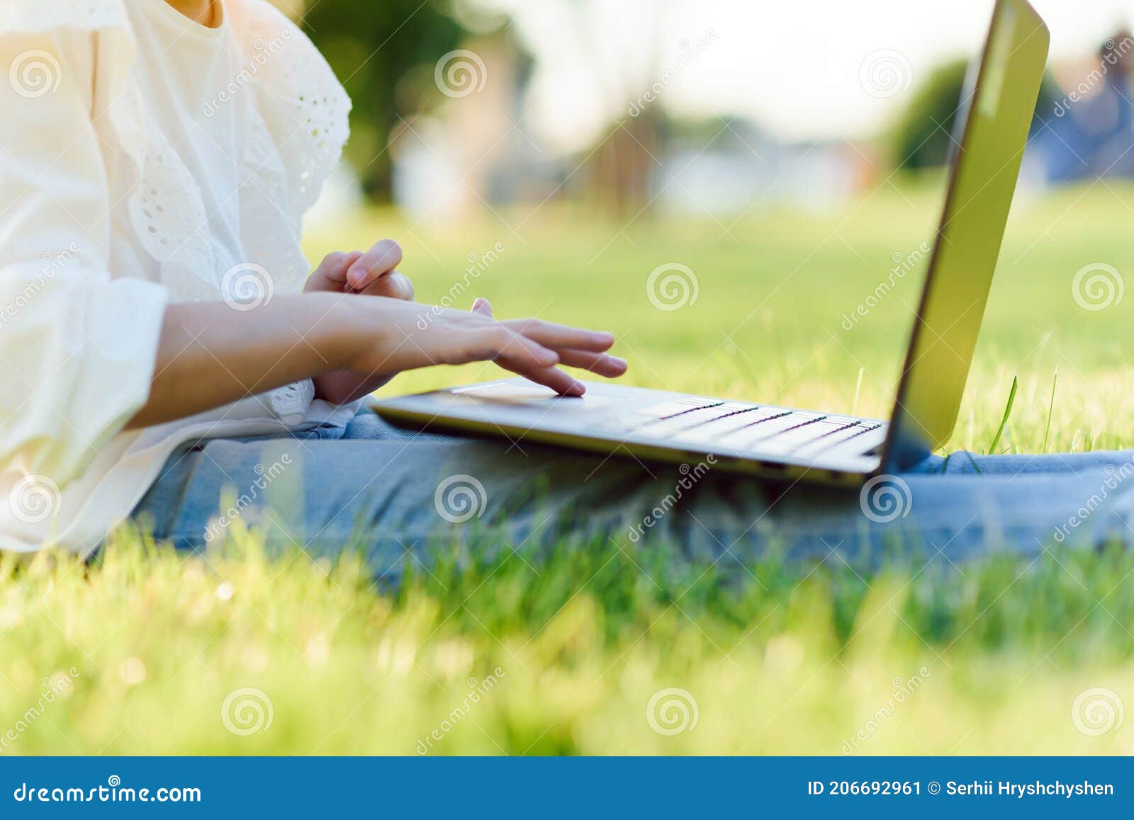 Little Girl Play Computer on Green Grass Stock Image - Image of ...