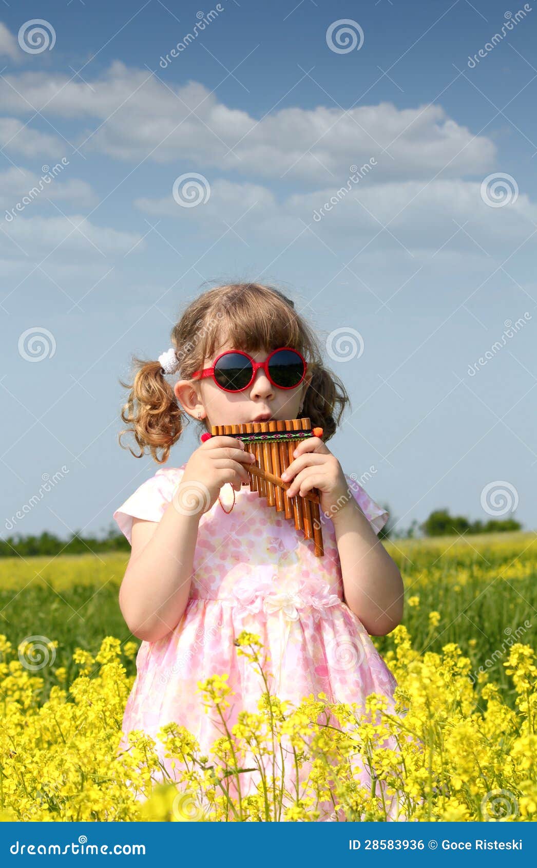 Little girl play pan pipe stock photo. Image of field - 28583936