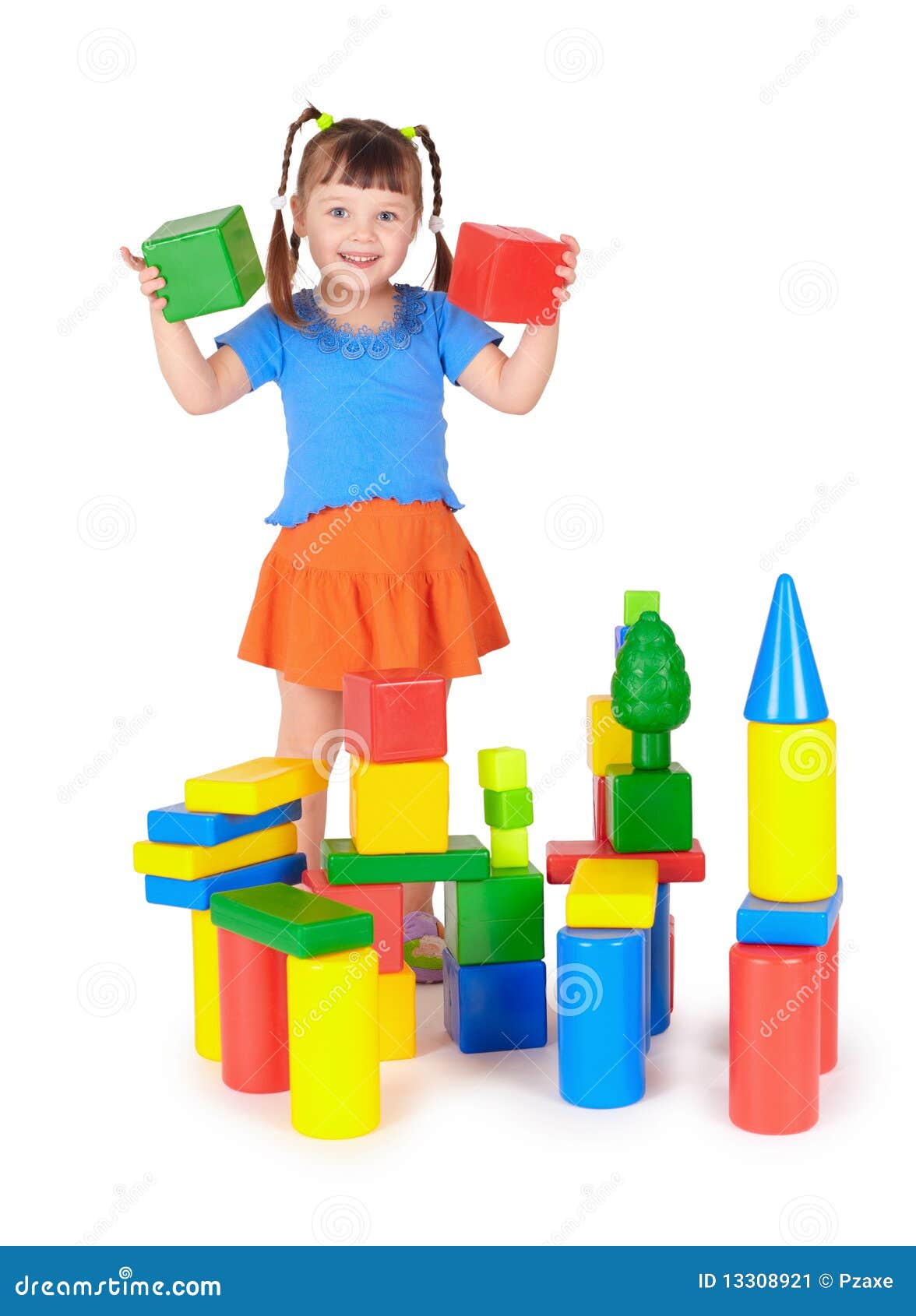 Little Girl is Playing with Colored Blocks Stock Image - Image of ...