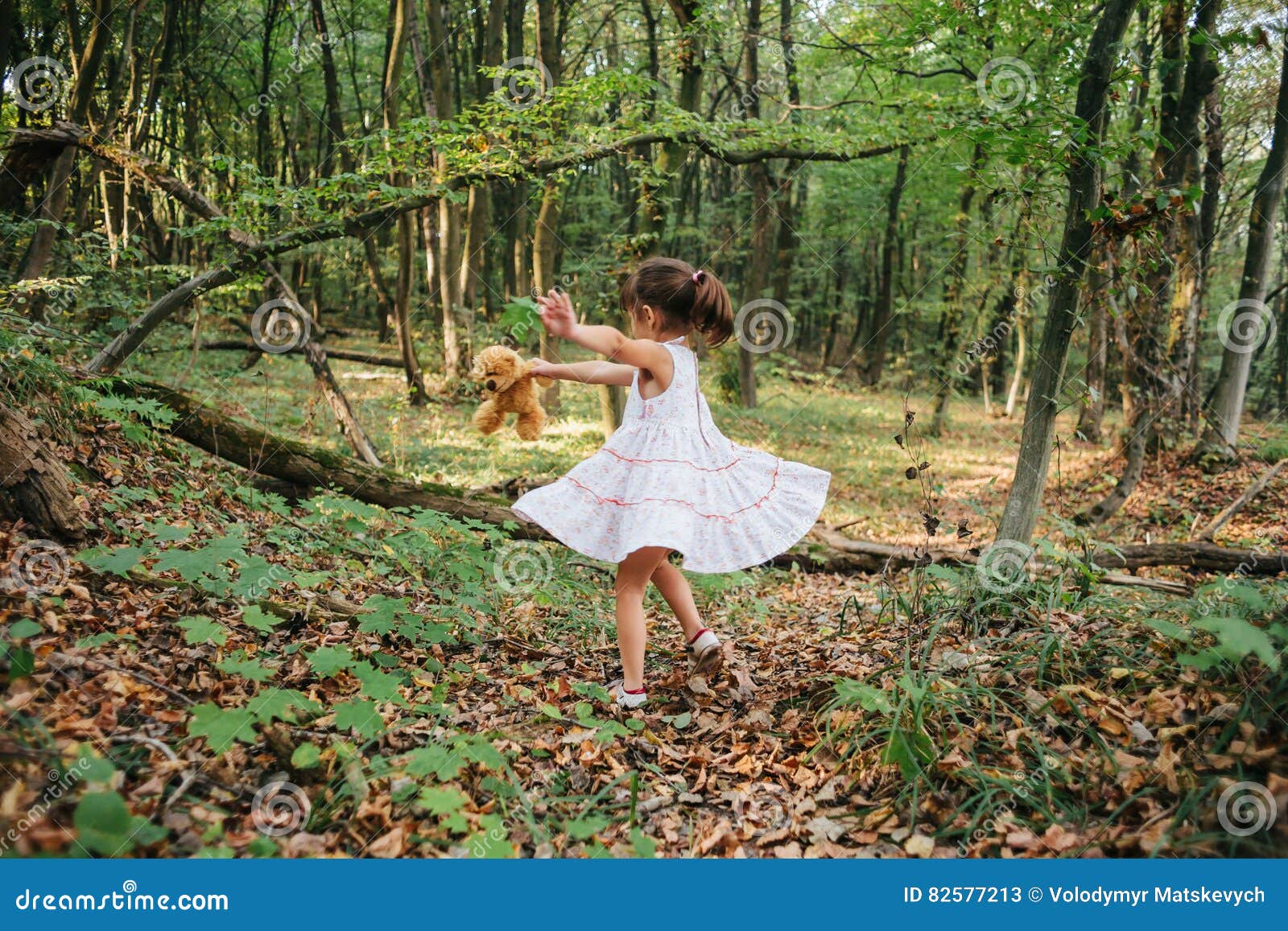 Little Girl Playing with Her Bear in the Forest Stock Image - Image of ...