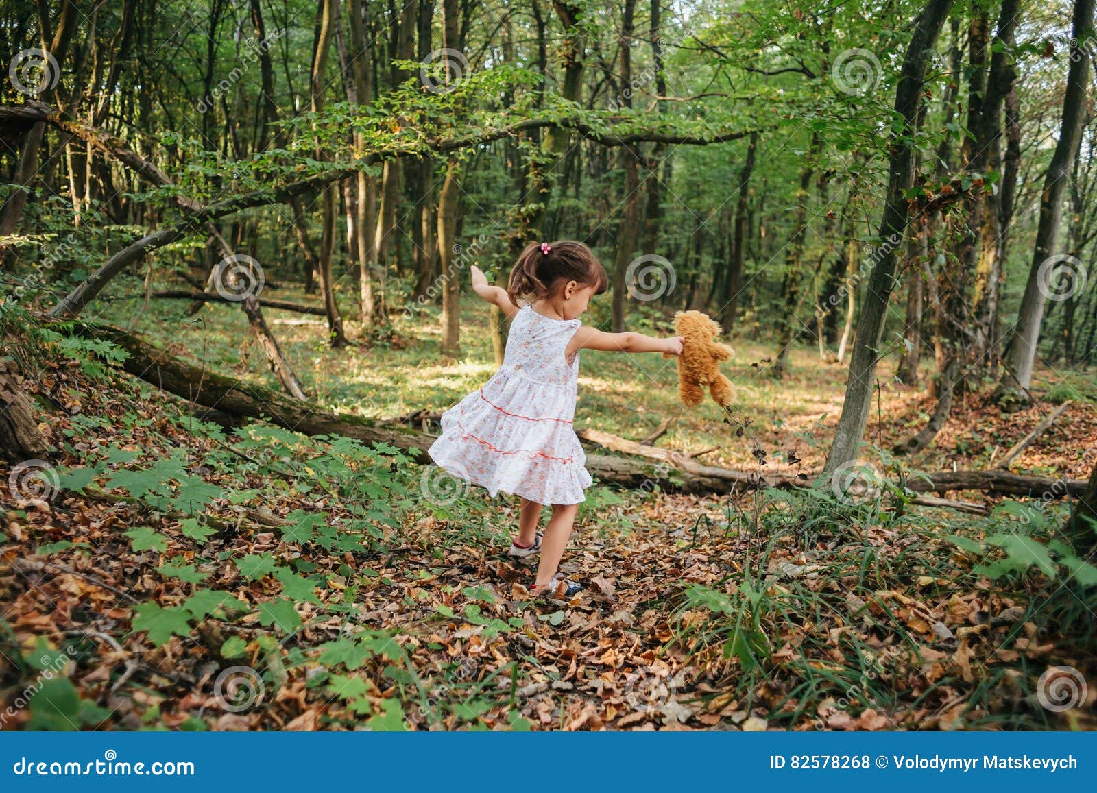 Little Girl Playing with Her Bear in the Forest Stock Photo - Image of ...