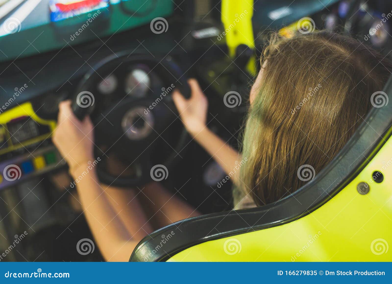 Little Girl Playing Racing Simulator Game. Stock Image - Image of ...