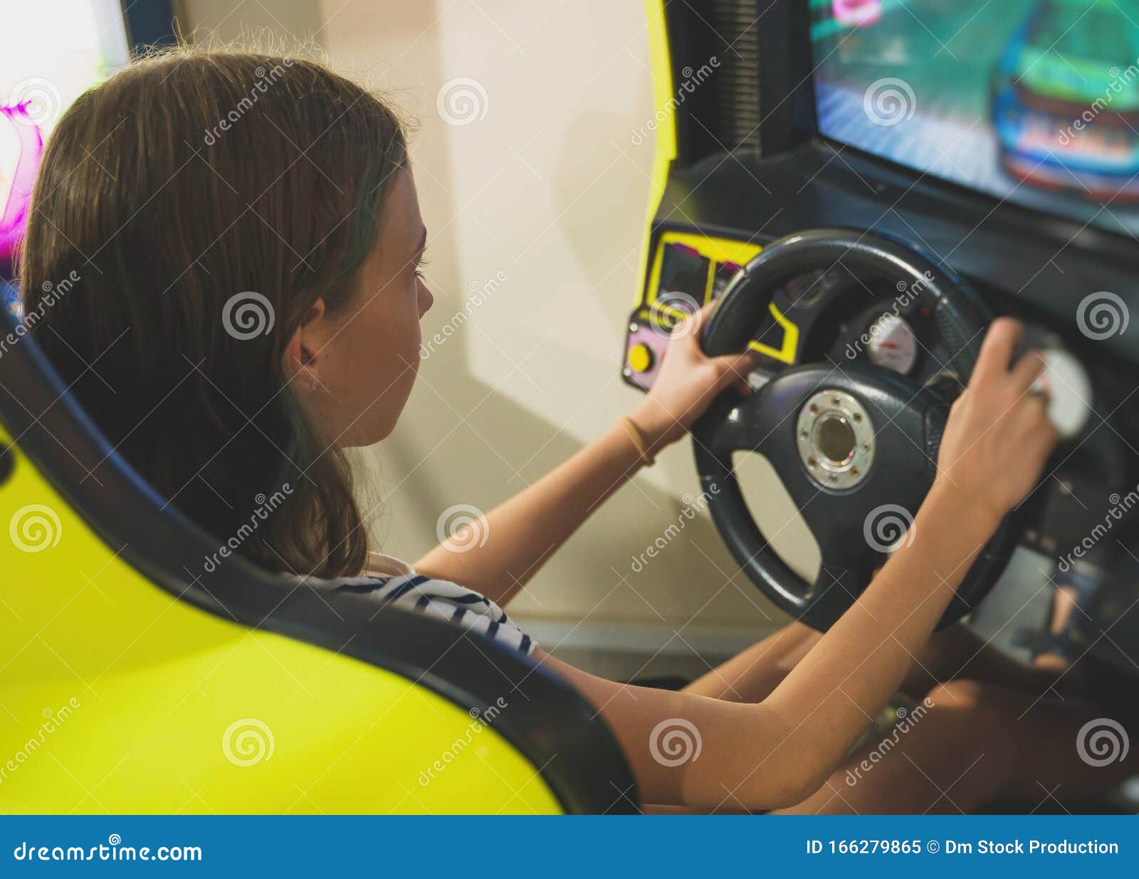 Little Girl Playing Racing Simulator Game. Stock Image - Image of ...