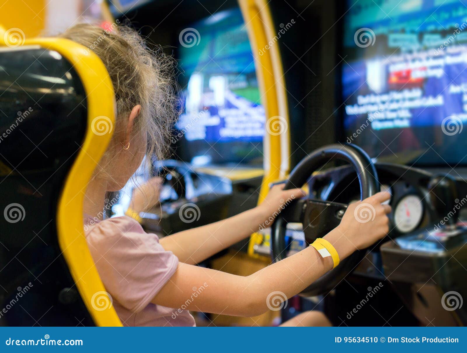 Little Girl Playing Racing Simulator. Stock Photo - Image of person ...