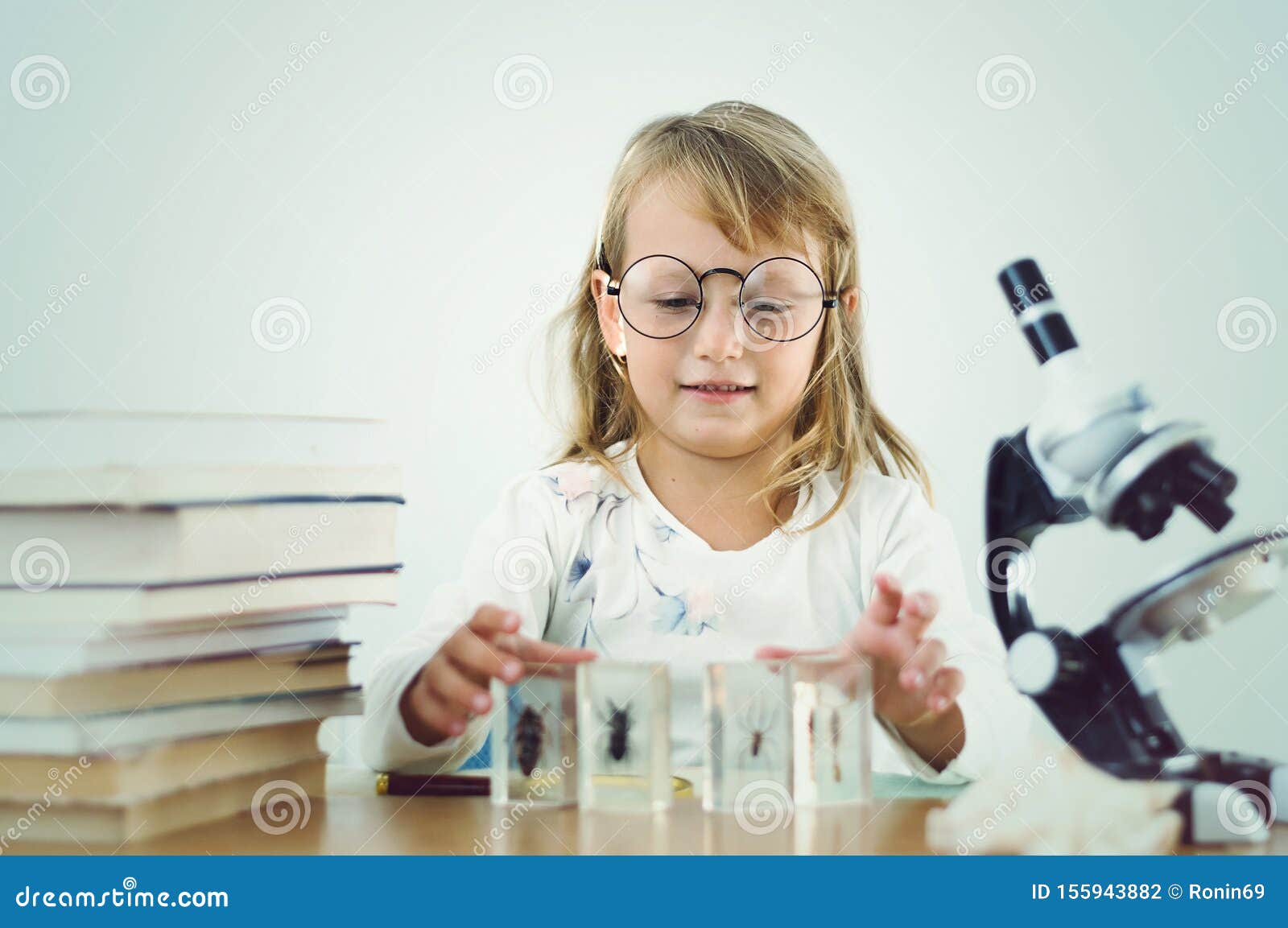 Girl Little Genius of Science Stock Photo - Image of microscope ...