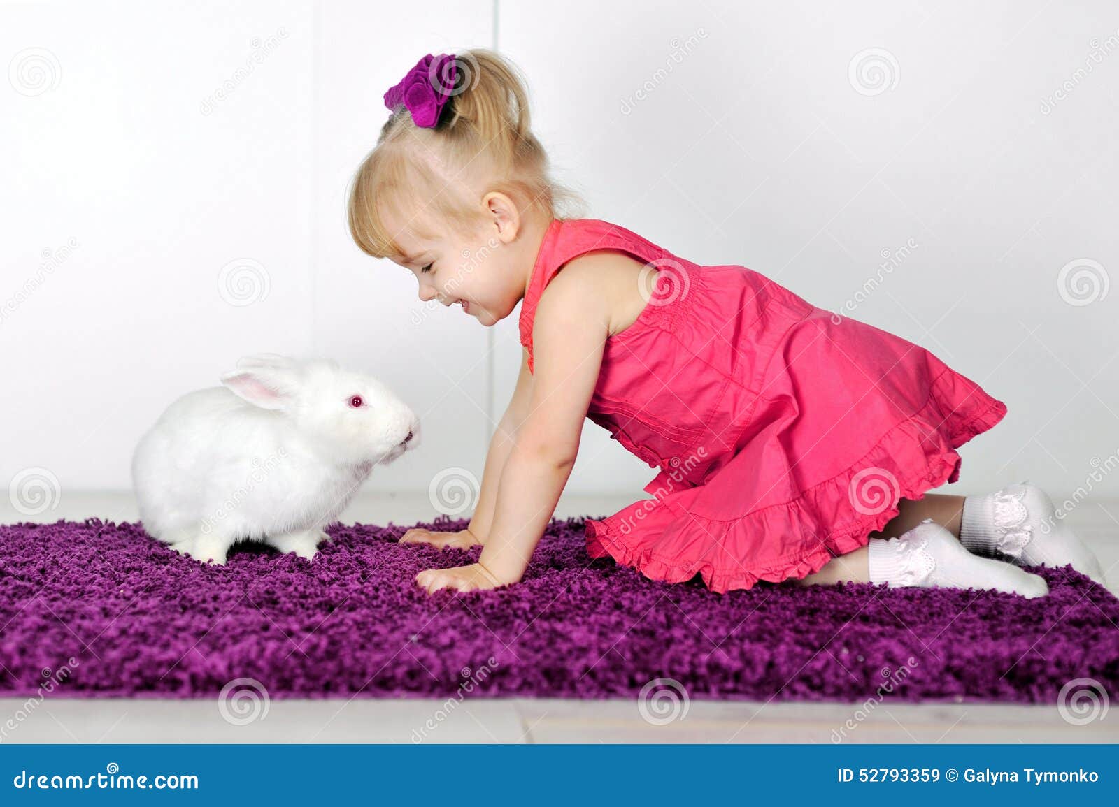Little Girl Playing with White Rabbit Stock Image - Image of cheerful ...