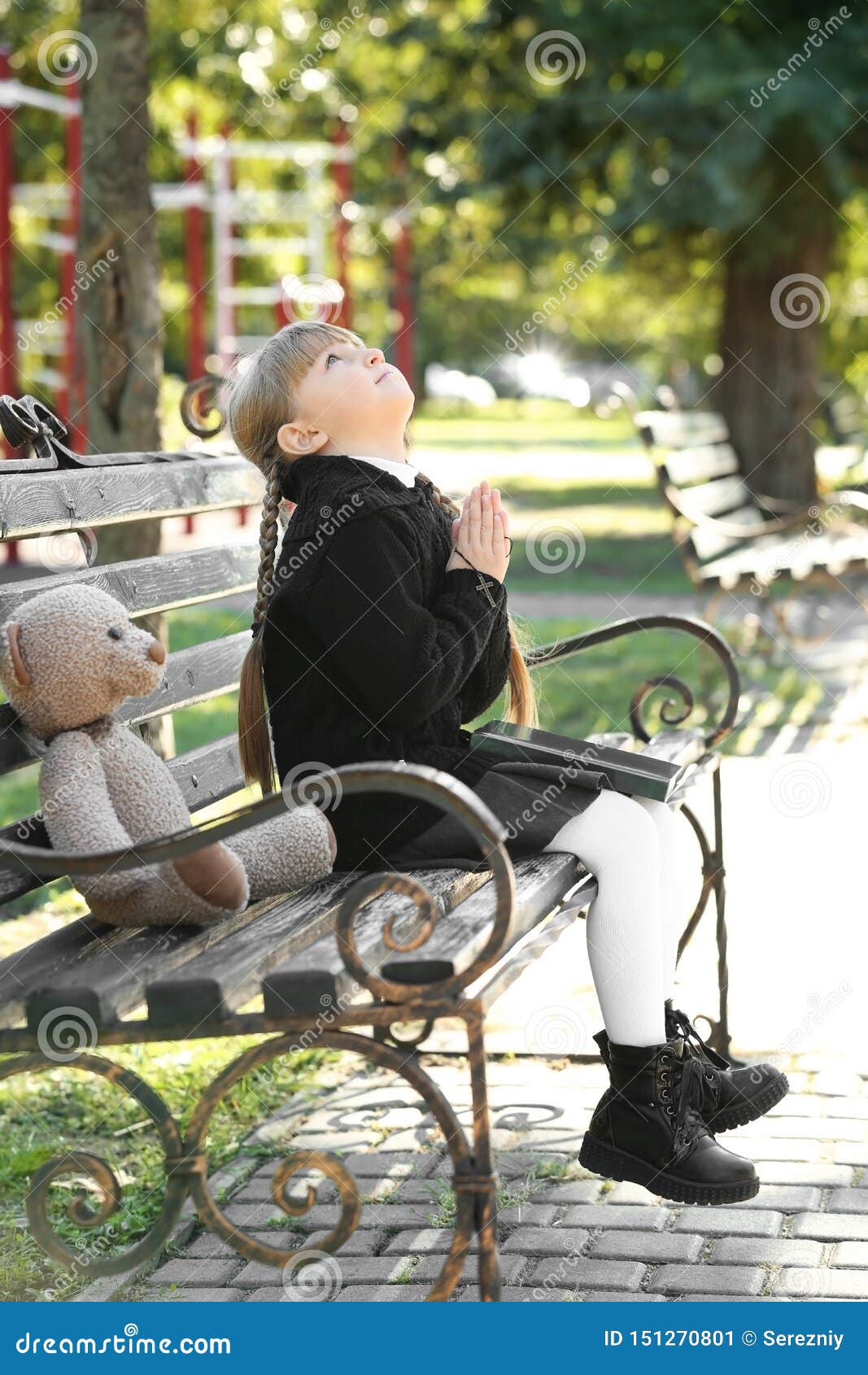 Little Girl Praying on Bench Outdoors Stock Image - Image of believe ...
